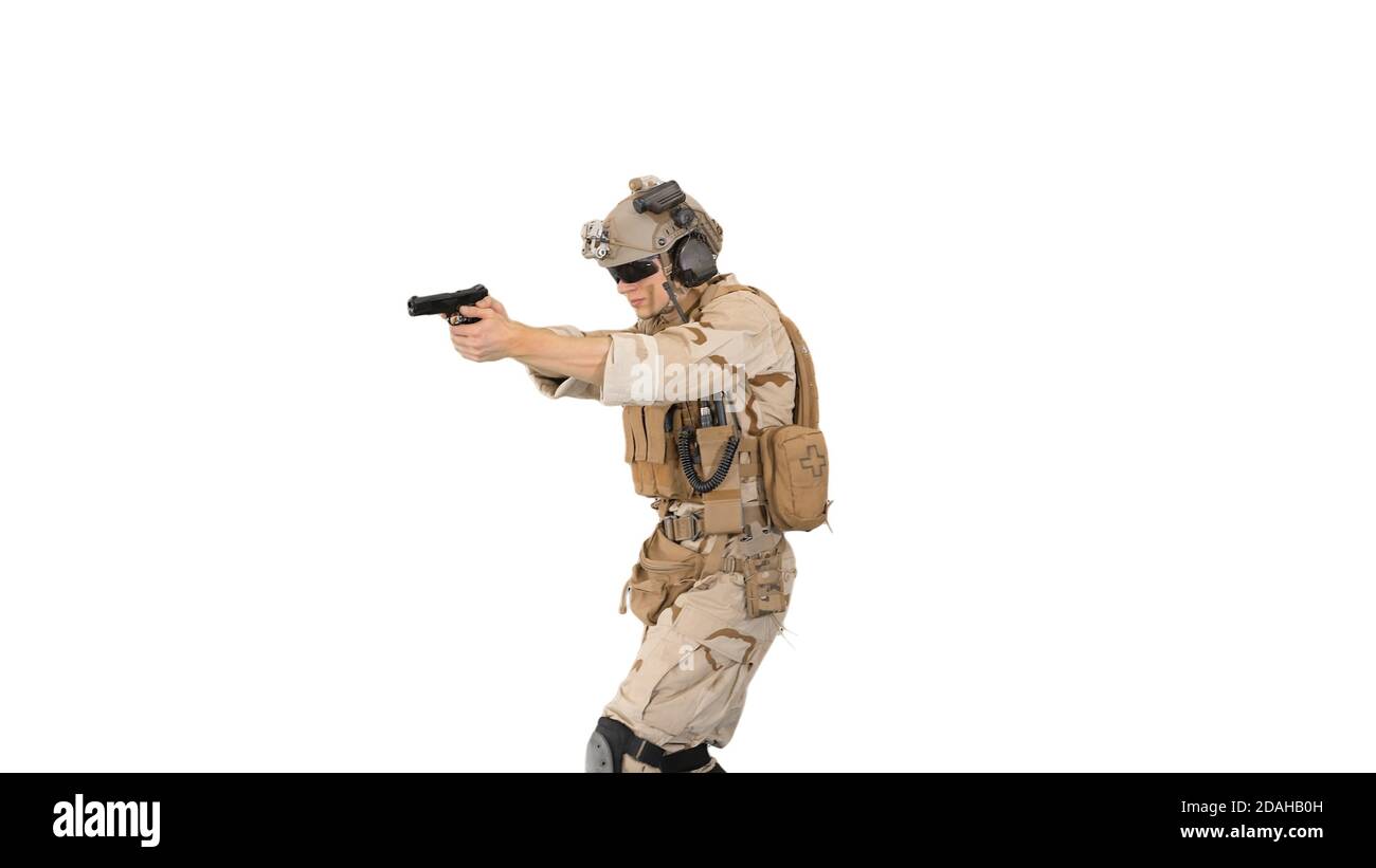 Soldier walking and aiming with a pistol on white background Stock ...