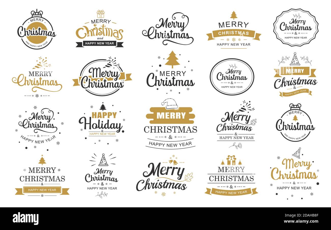 Merry Christmas And Happy New Year Typography Label With Symbols Design