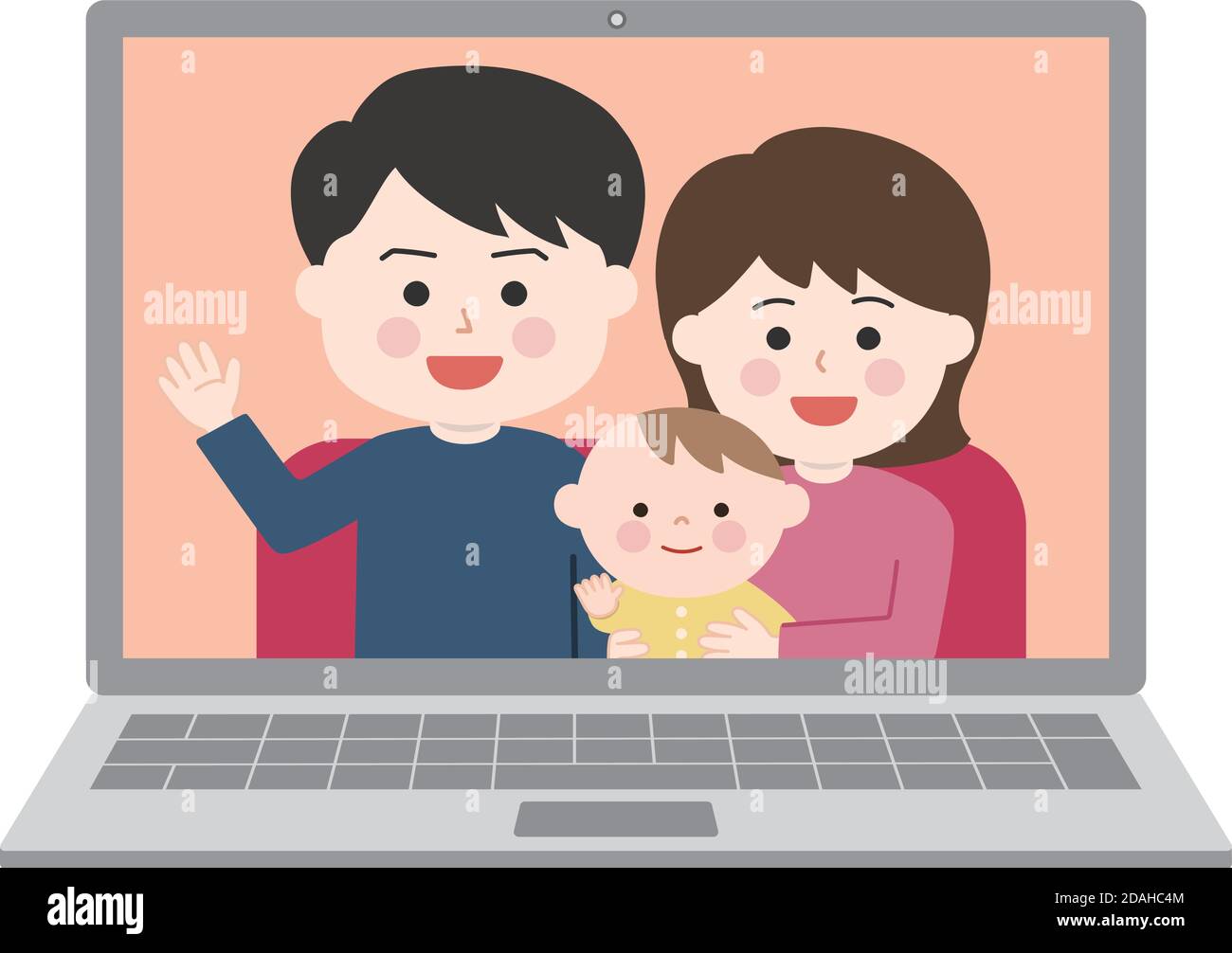 Parents and a baby having a video call on laptop computer. Vector ...