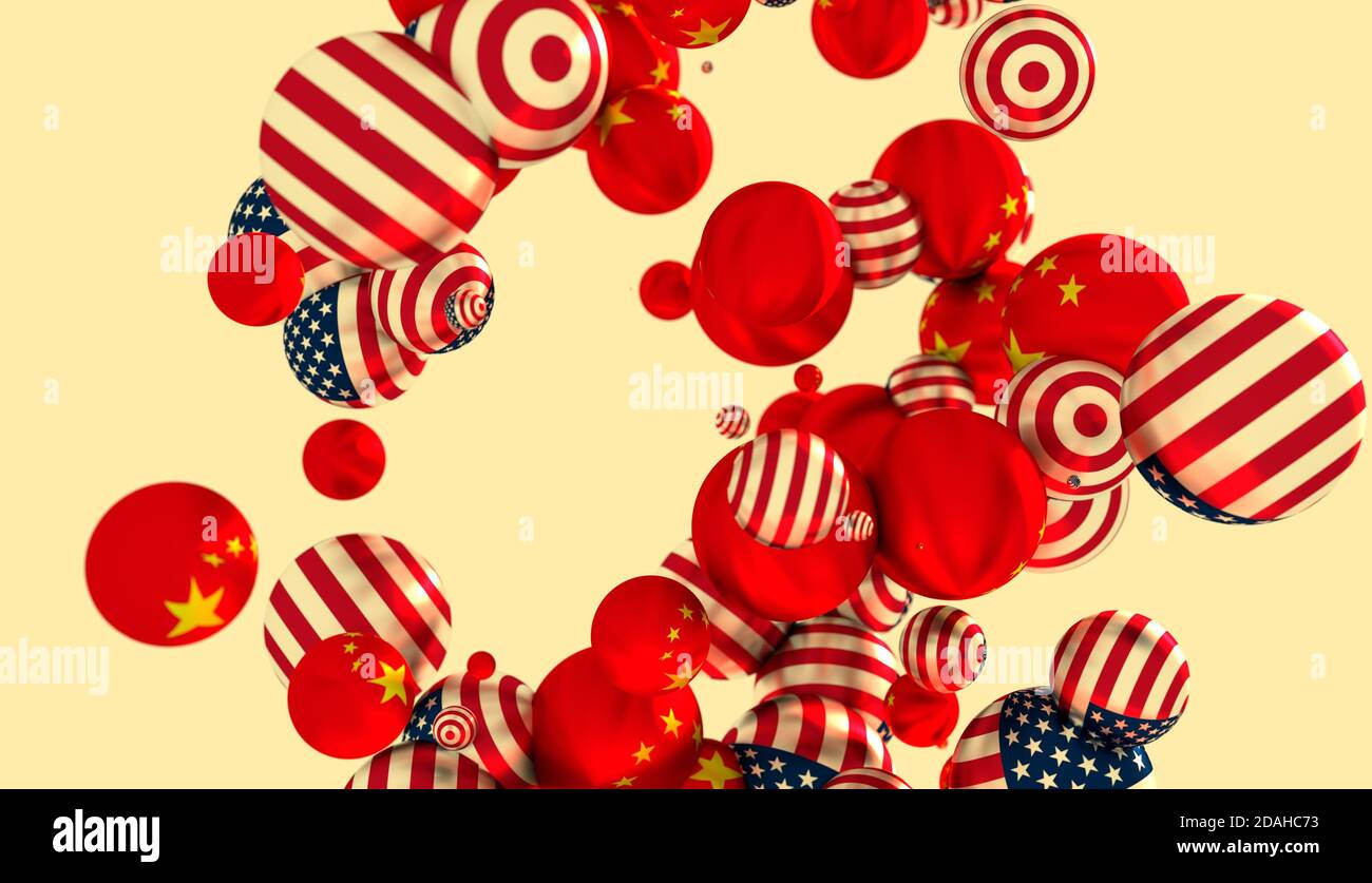 Large group of orbs or spheres. USA and China flags Stock Photo - Alamy