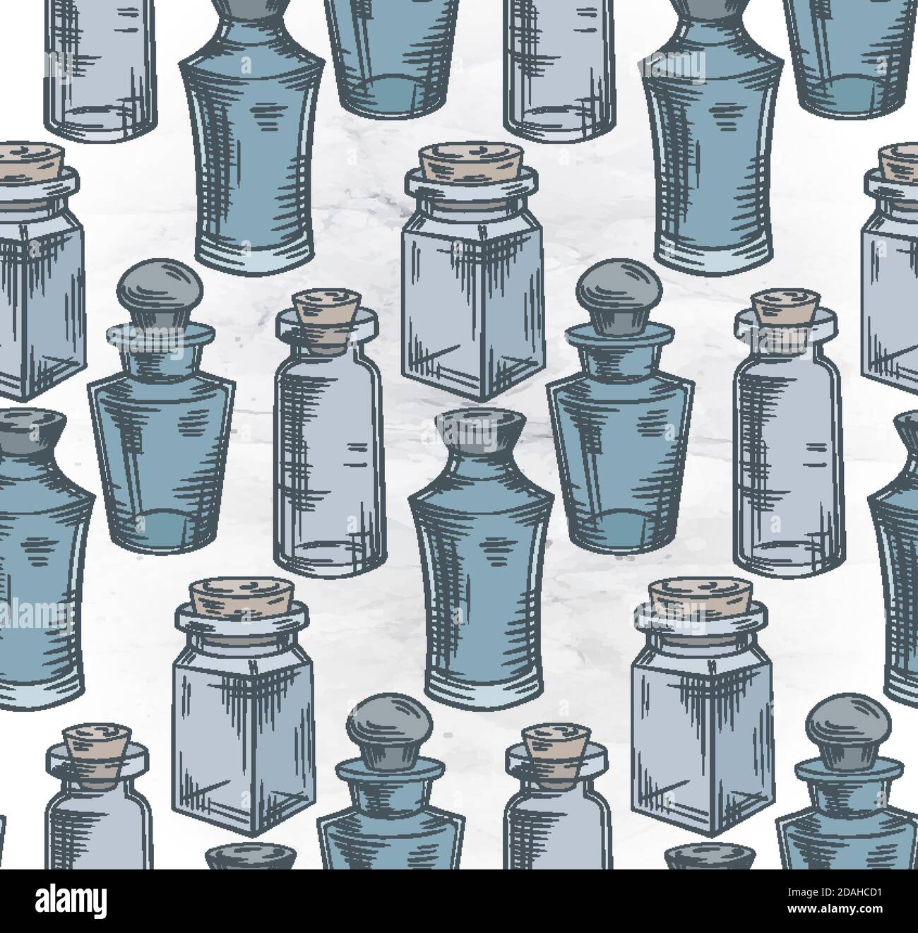 Seamless texture with colorful sketch bottles, flasks and jars on old ...