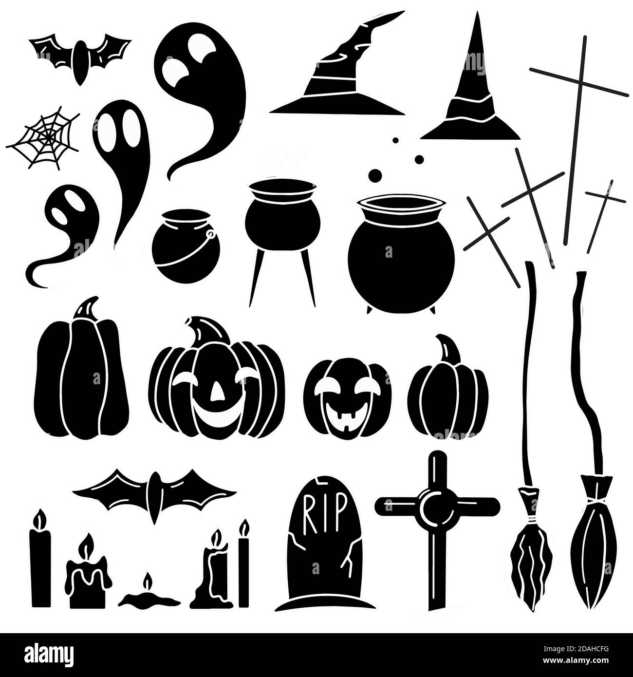 Set of black silhouette llustrations for the holiday Halloween. Witch ...
