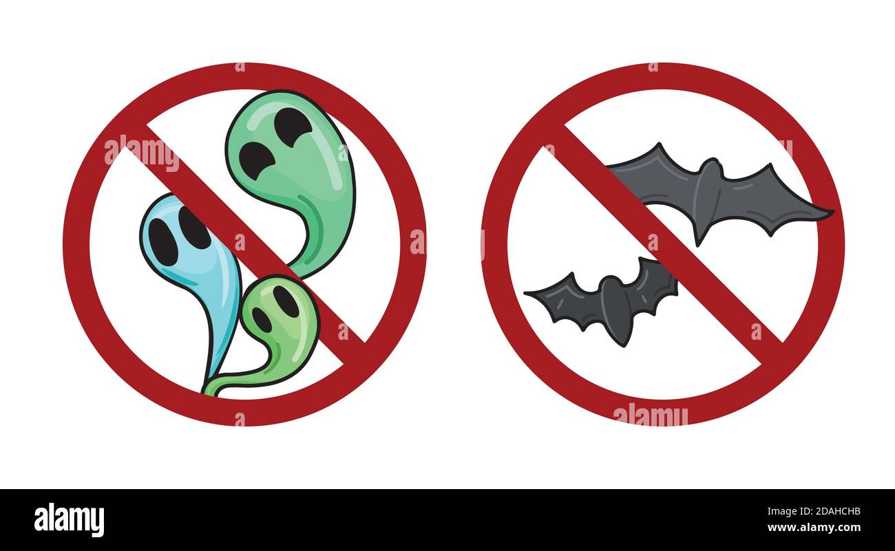 Set of bats and ghost in prohibition signs. Ban on Halloween ...