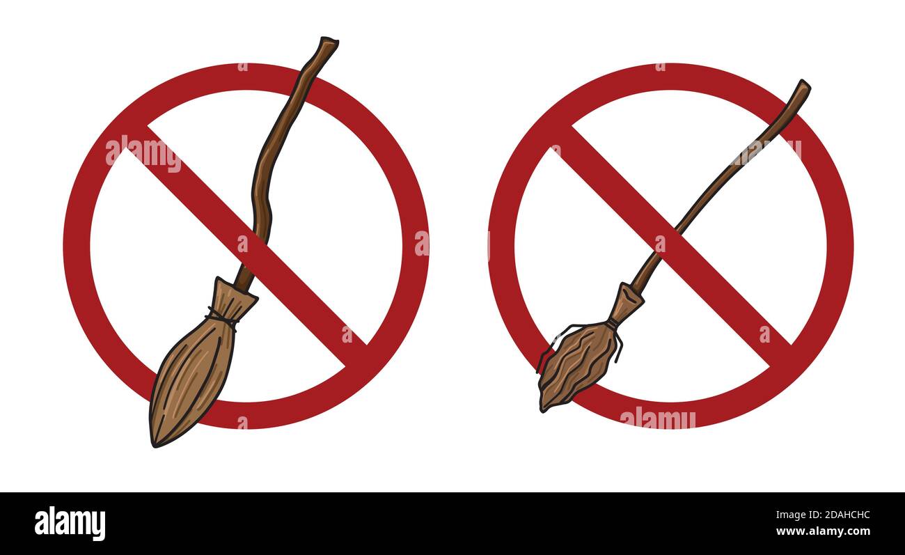 Set of cartoon witch brooms in prohibition signs. Ban on Halloween. No ...