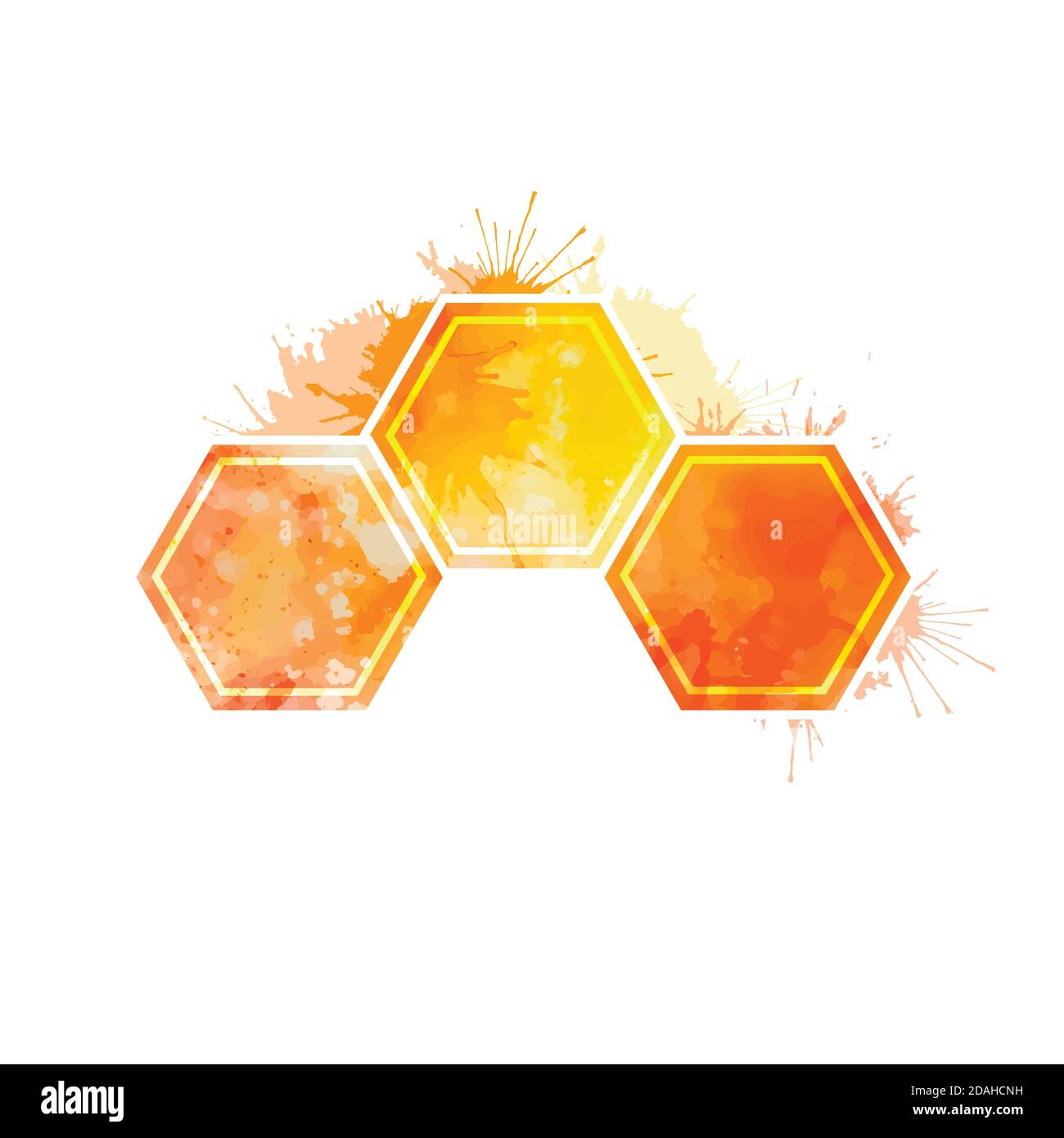 Yellow watercolor honeycomb with splashes on a white background ...