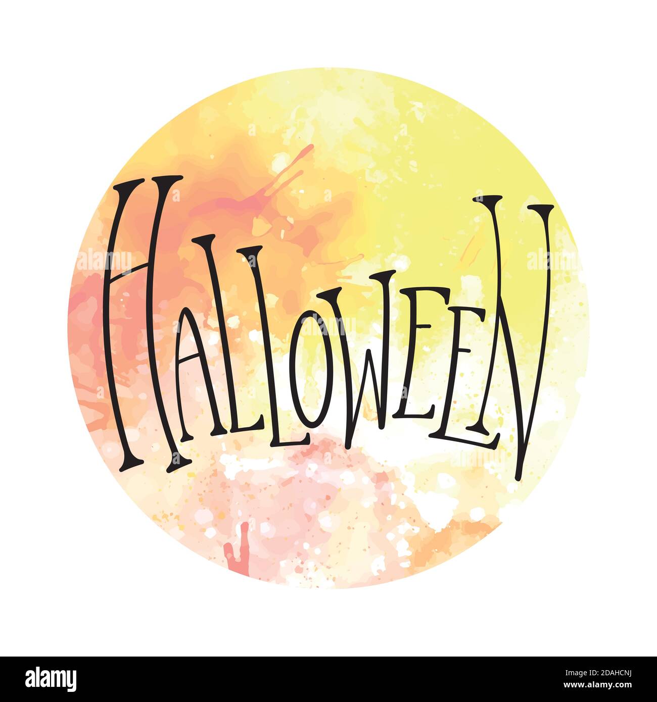 Halloween holiday. Lettering on the watercolor moon with splashes on ...