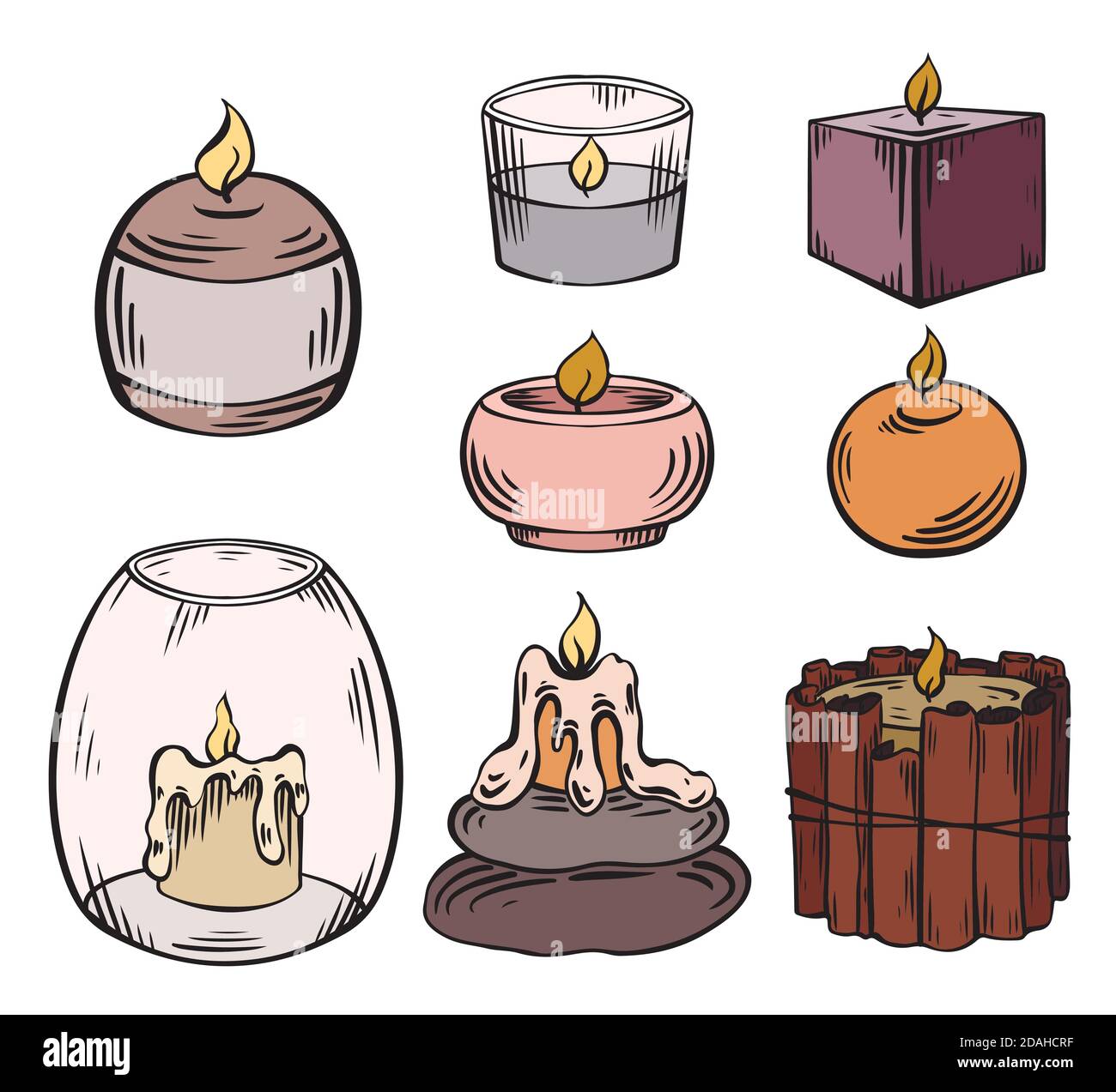 Set of relax candles. Colorful sketch with hatching. Various wax ...