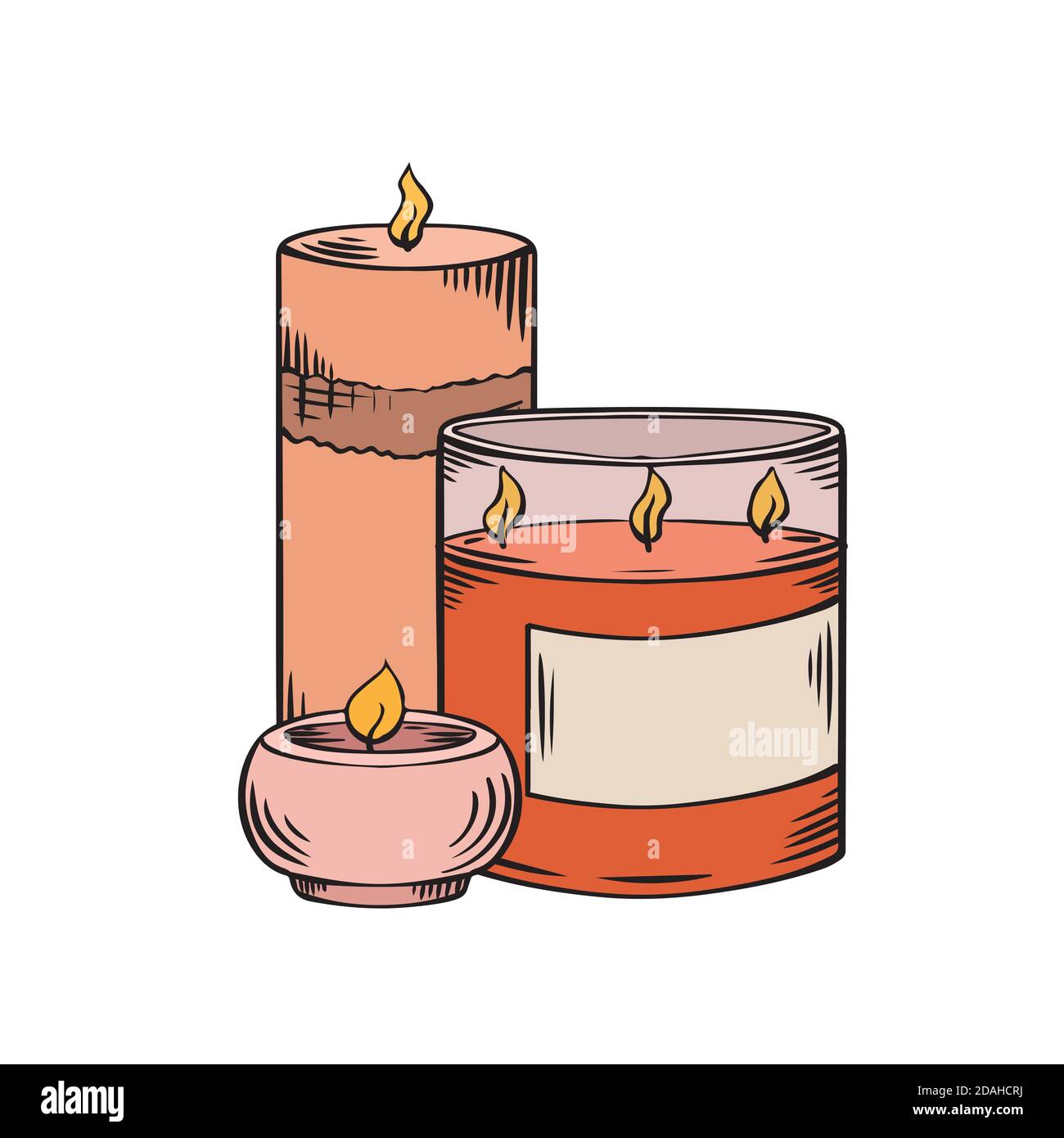 Relax candles. Colorful sketch with hatching. Various wax candles with ...