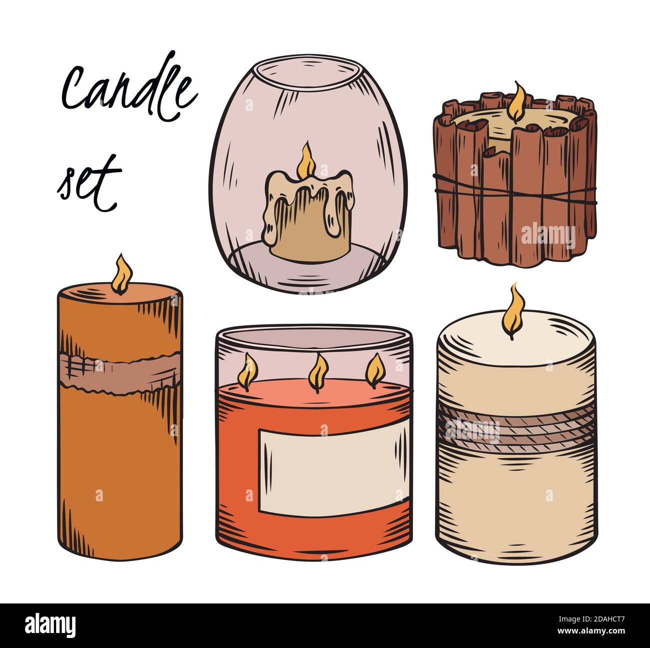 Set of relax candles. Colorful sketch with hatching. Various wax ...