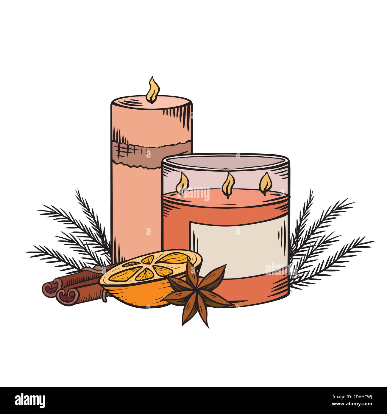 Relax candles. Color sketch with shading. Wax candles with juniper ...