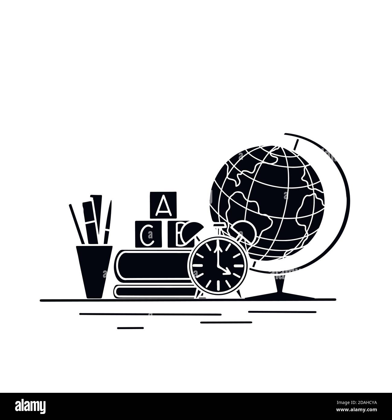 Back to school. Black silhouette of books, globe, watches and office ...