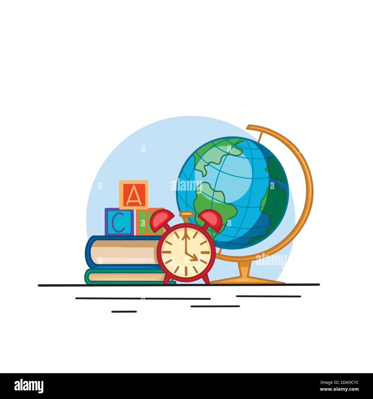 Back to school. Contour illustration of books, globe, watches and cubes ...