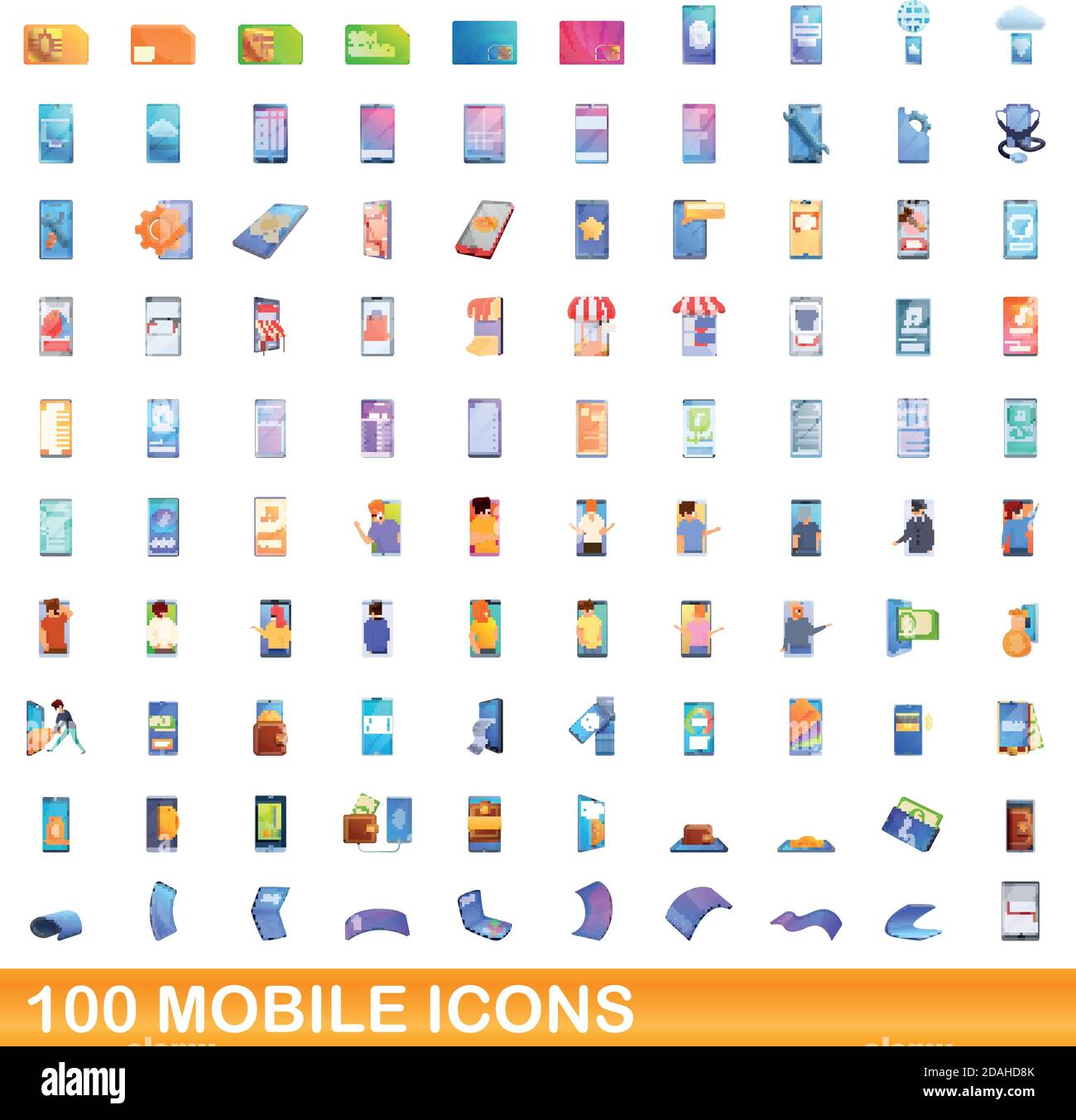 100 mobile icons set. Cartoon illustration of 100 mobile icons vector ...