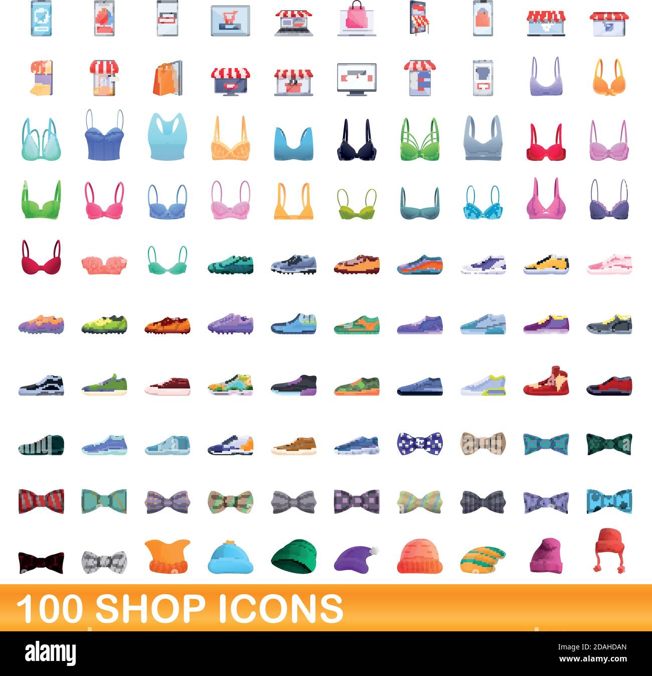 100 shop icons set. Cartoon illustration of 100 shop icons vector set ...