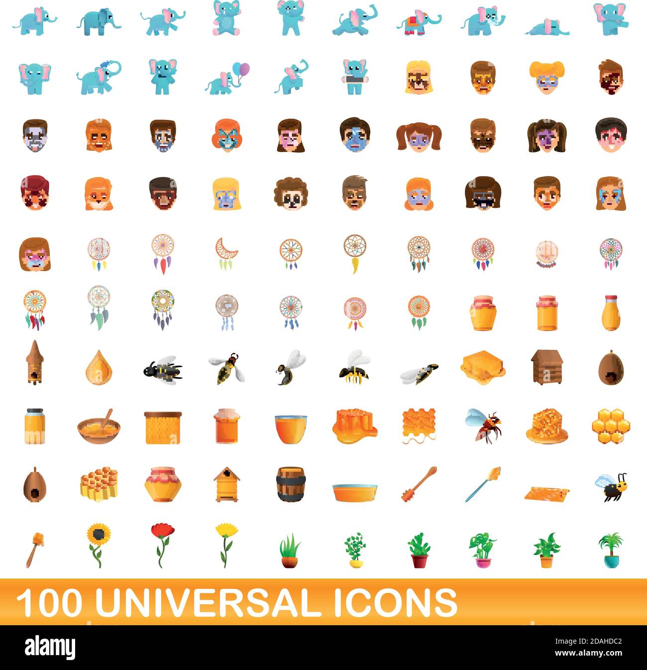 100 universal icons set. Cartoon illustration of 100 universal icons ...