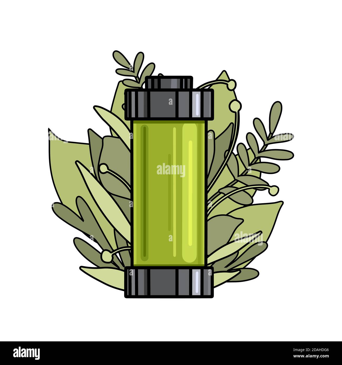 Ecological recyclable battery. Outline cartoon battery with foliage on ...