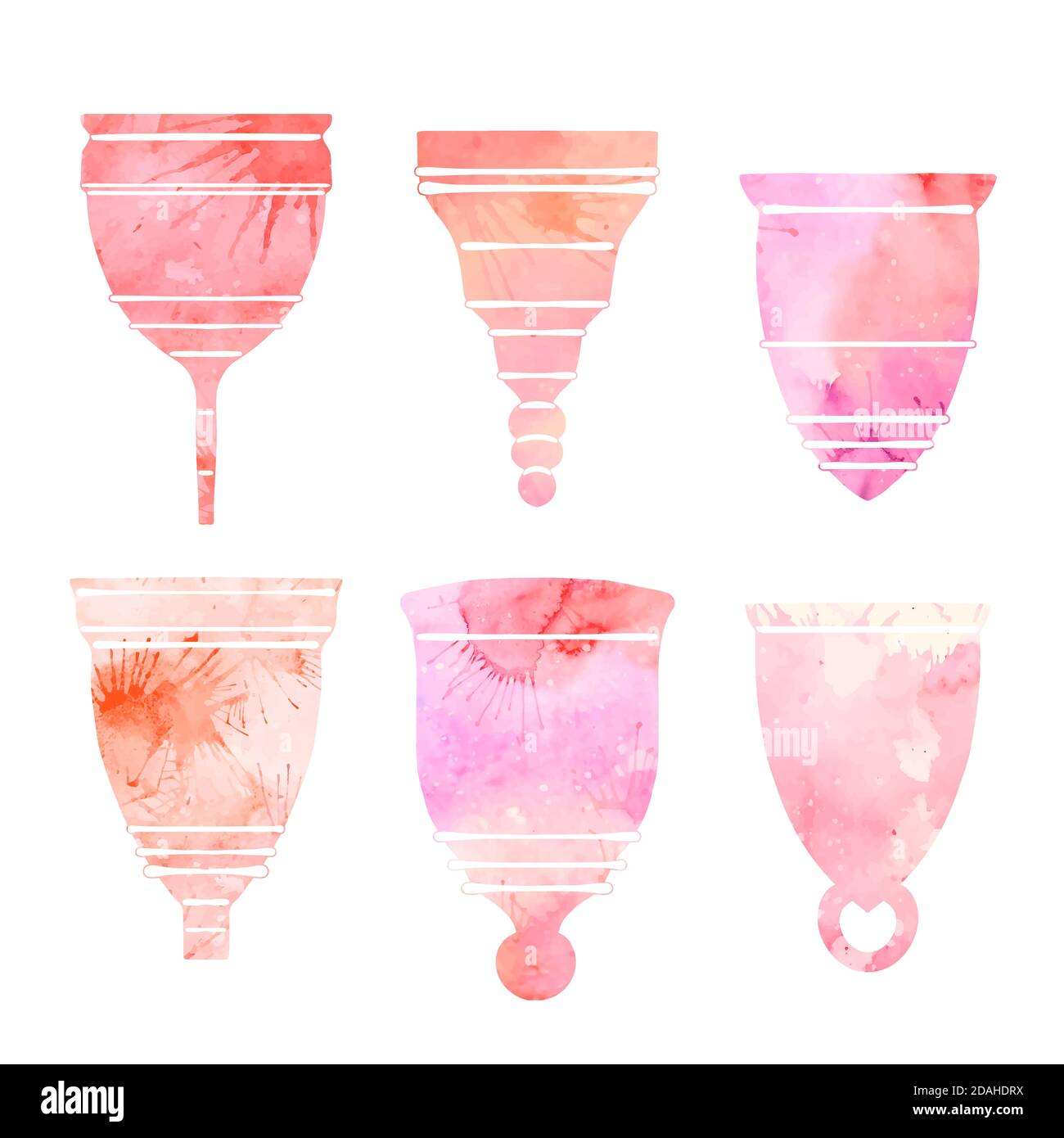 Set of silhouette various menstrual cups with pink watercolor ...