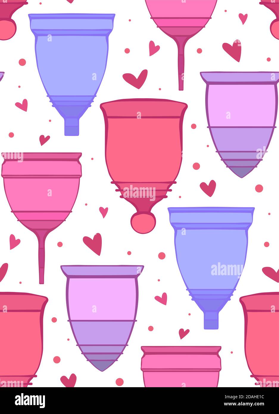 Seamless pattern with colorful outline menstrual cups with hearts and ...