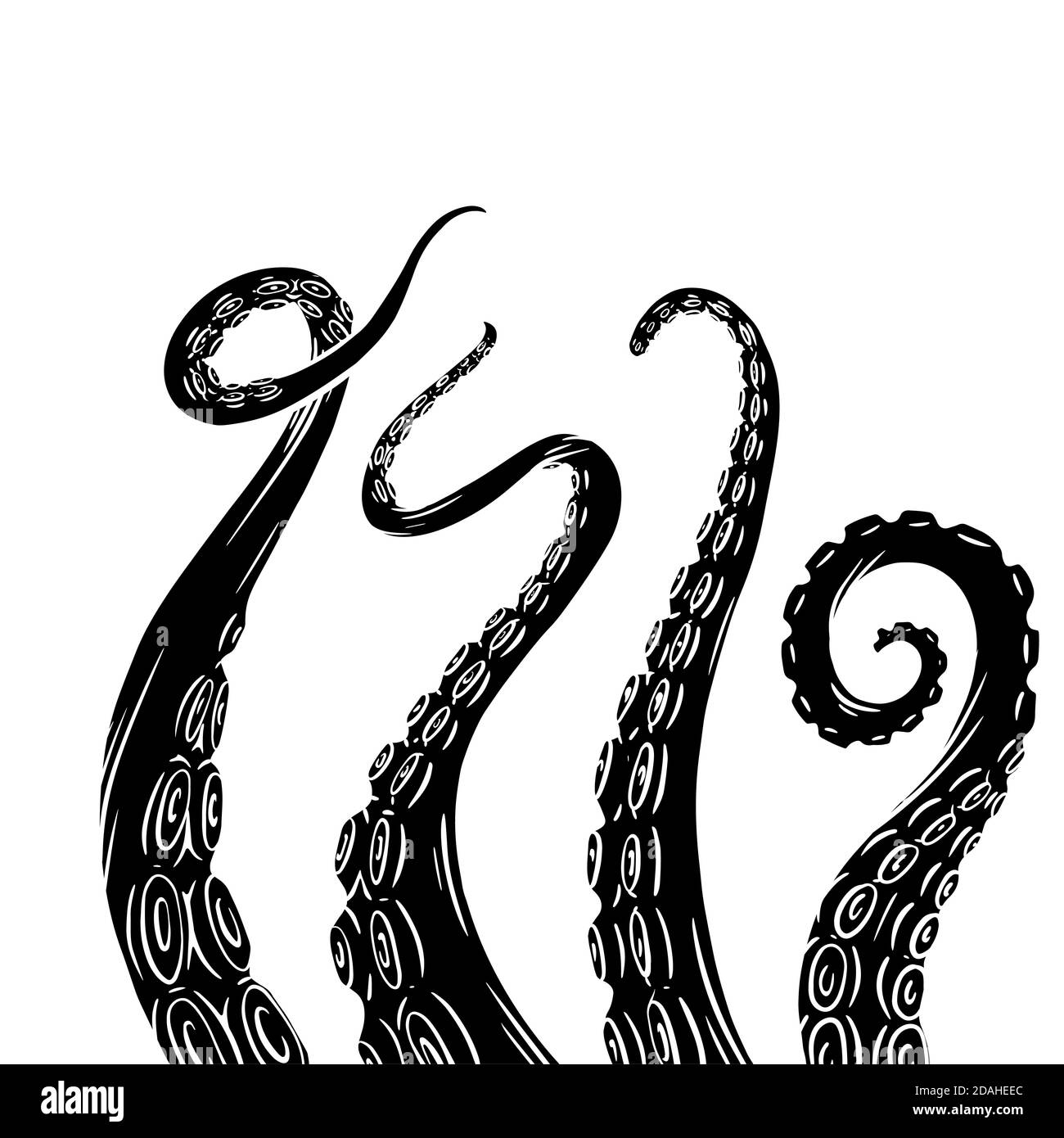 Set of black silhouette sketches octopus tentacles. Creepy limbs of ...