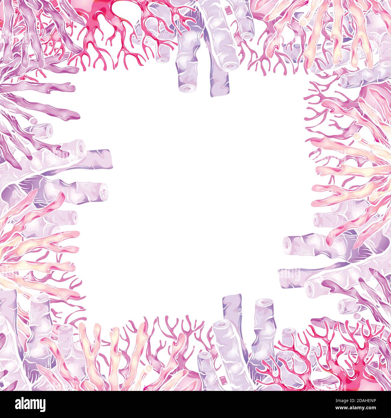 Square frame with cartoon neon corals, reefs and sponge and place for ...