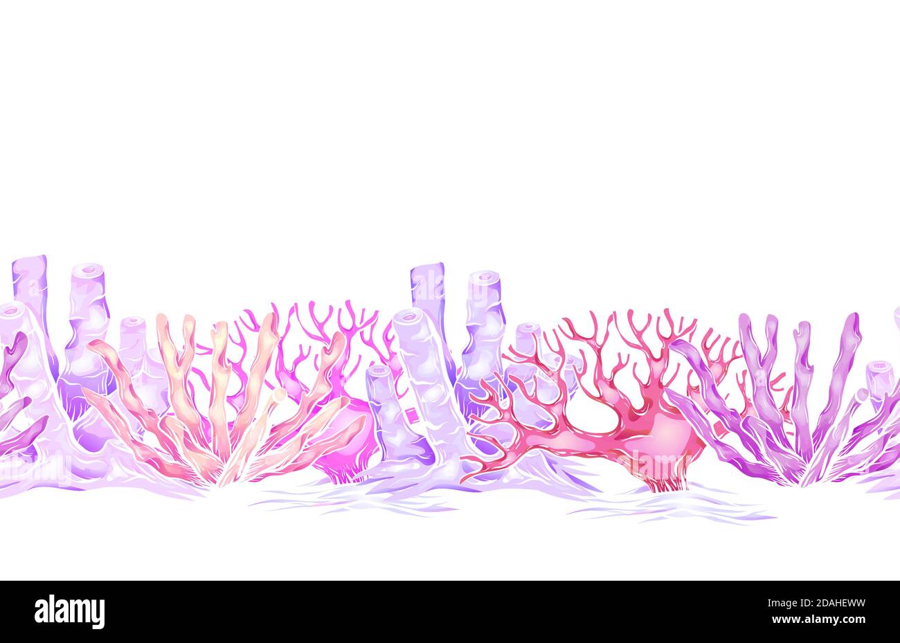 Horizontal seamless border with cartoon neon corals, reefs and sponge ...