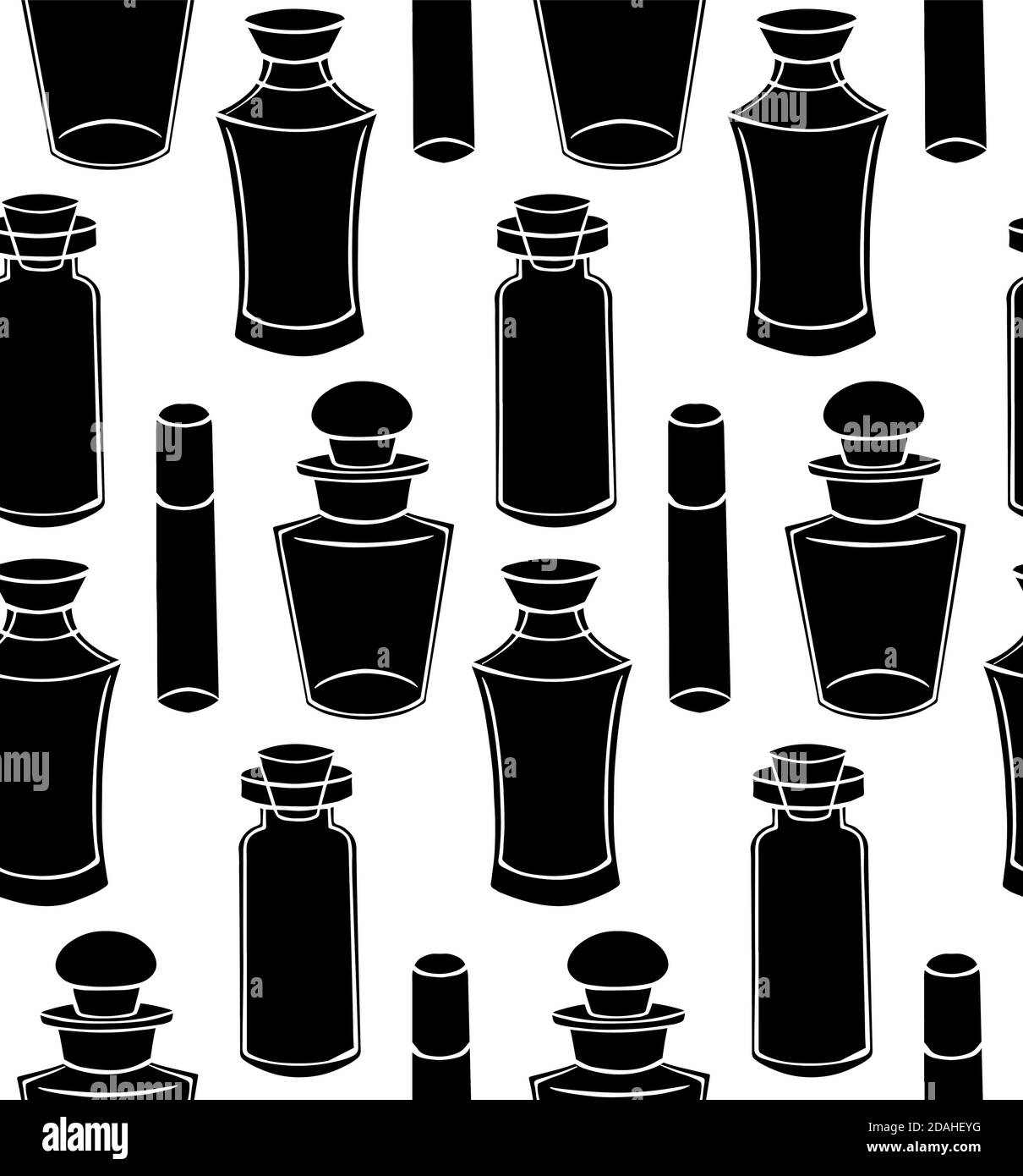 Seamless texture with black silhouette bottles, flasks and jars on a ...
