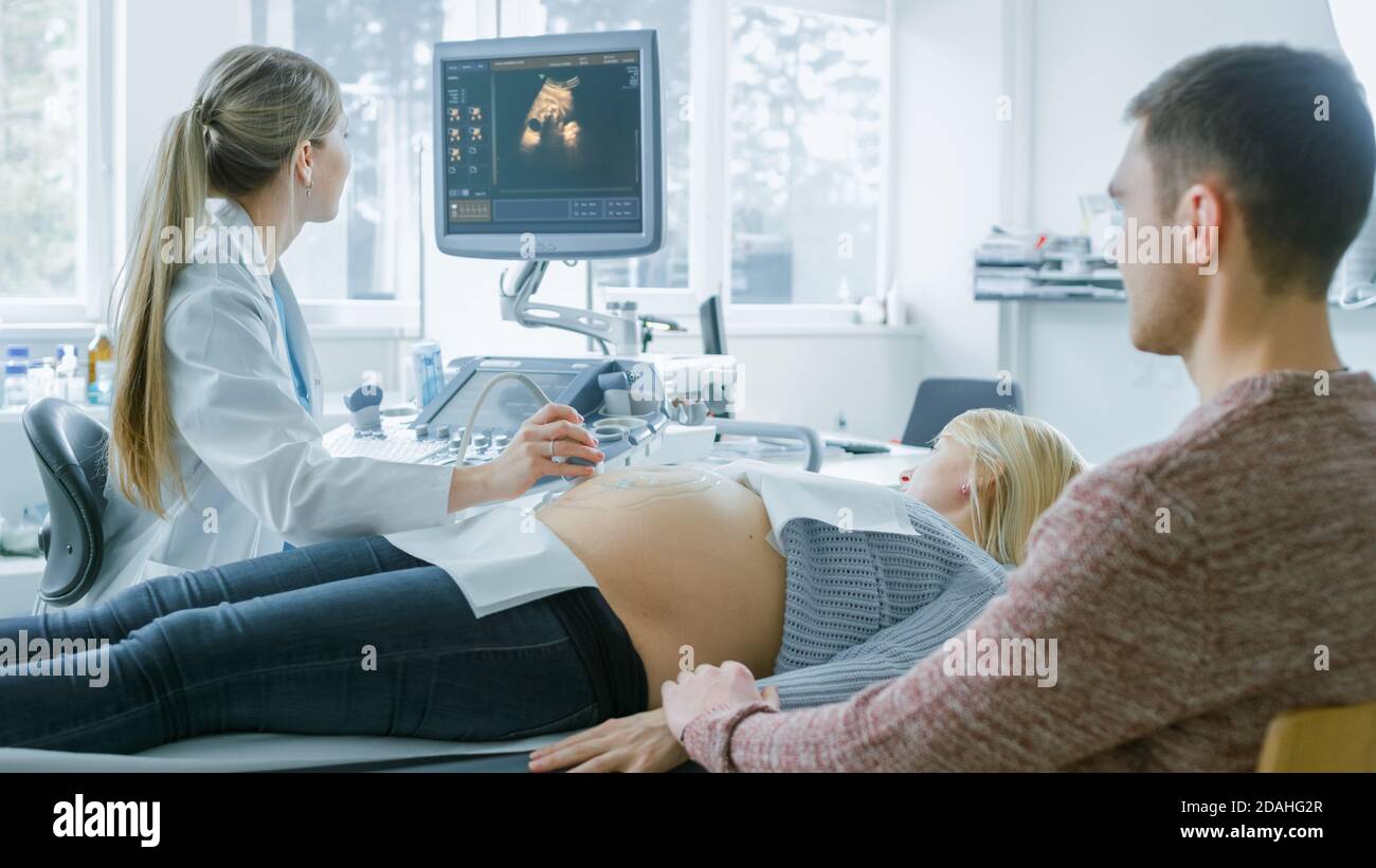 In the Hospital, Obstetrician Uses Transducer for Ultrasound Sonogram ...