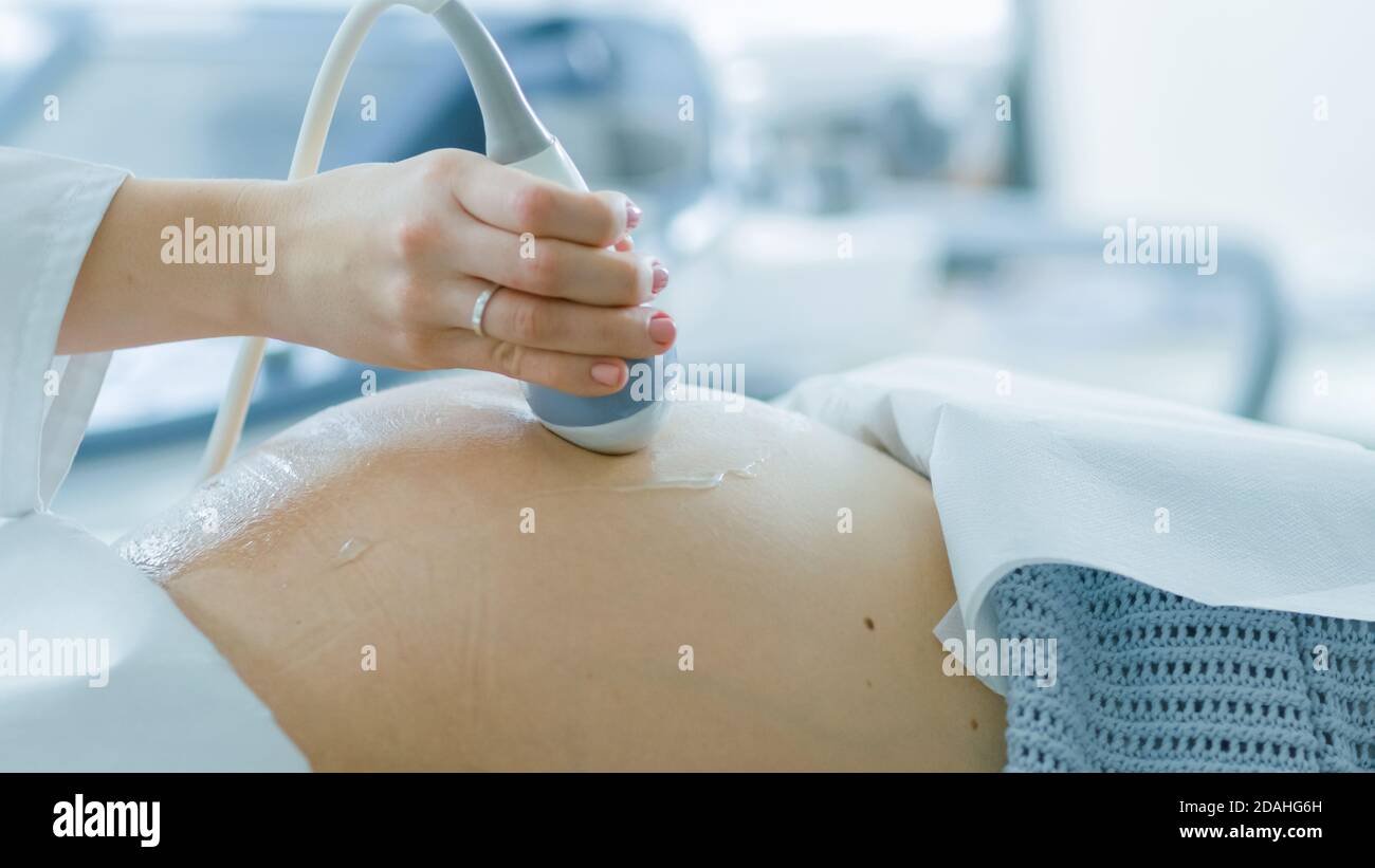 In the Hospital, Close-up Shot of the Doctor Doing Ultrasound Sonogram ...