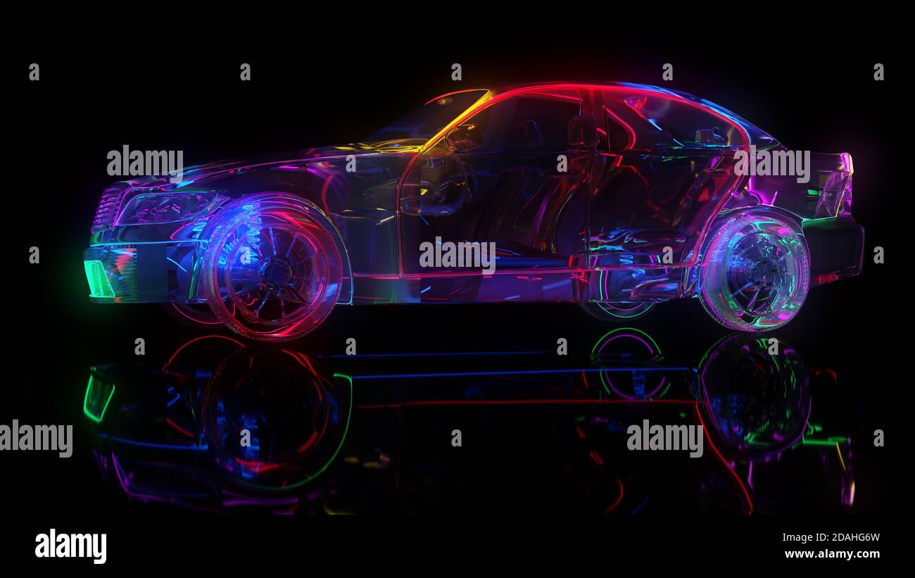 Glass car with neon lighting. The edges of the car are highlighted ...