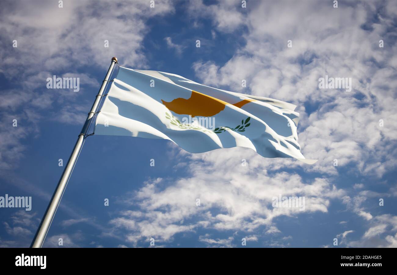 Beautiful national state flag of Cyprus fluttering at sky background ...