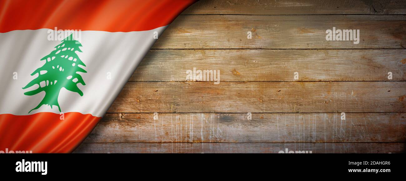 Lebanon flag on vintage wood wall. Horizontal panoramic banner Stock ...