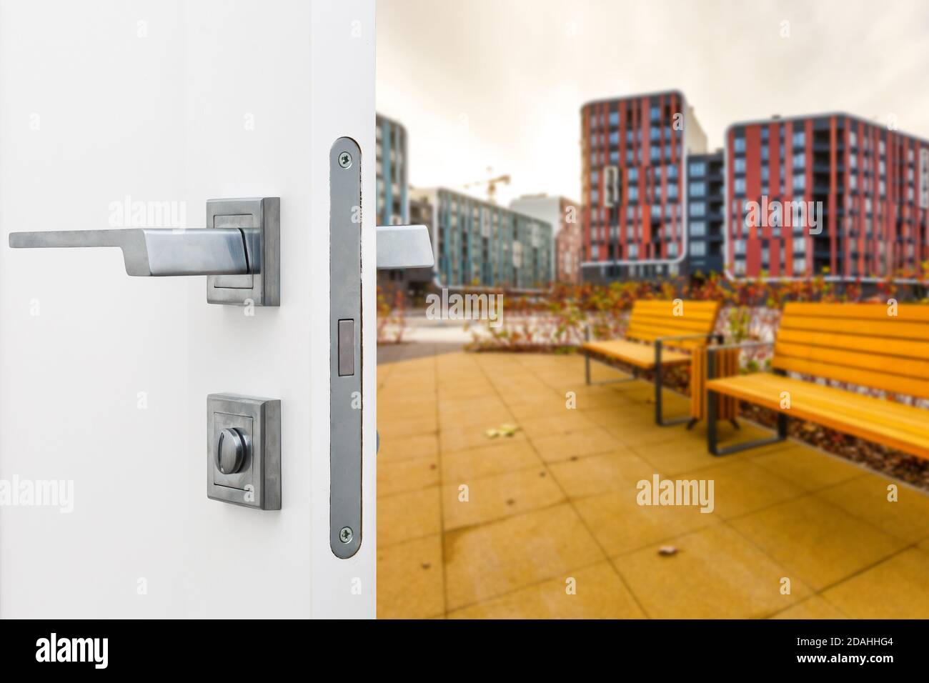 open doors and colorful residential complex Stock Photo - Alamy