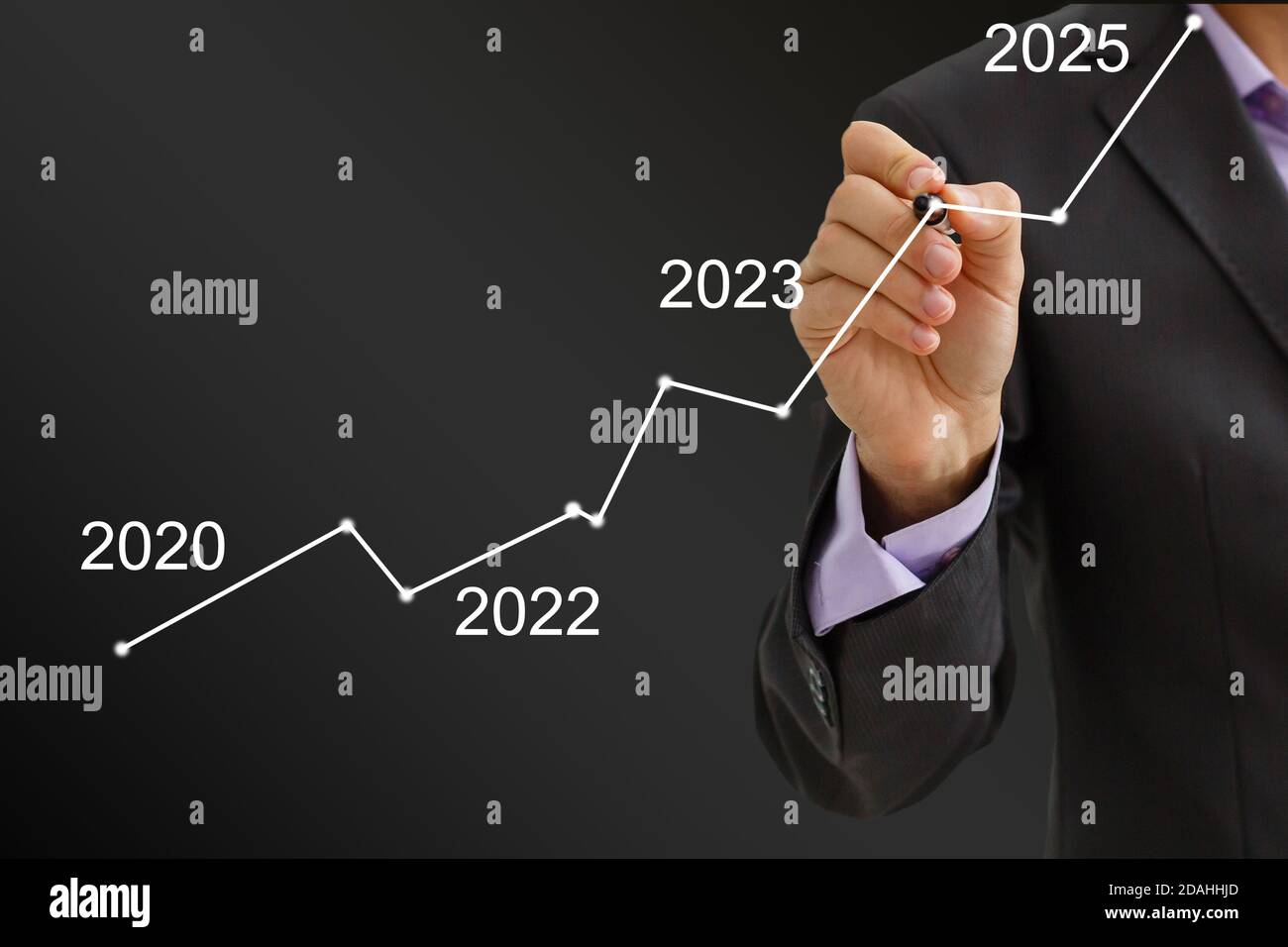 Man's hand pointing graph of success in 2023 year. Growing business ...