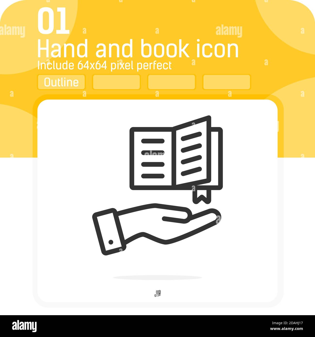 Hand and book icon with outline style isolated on white background ...