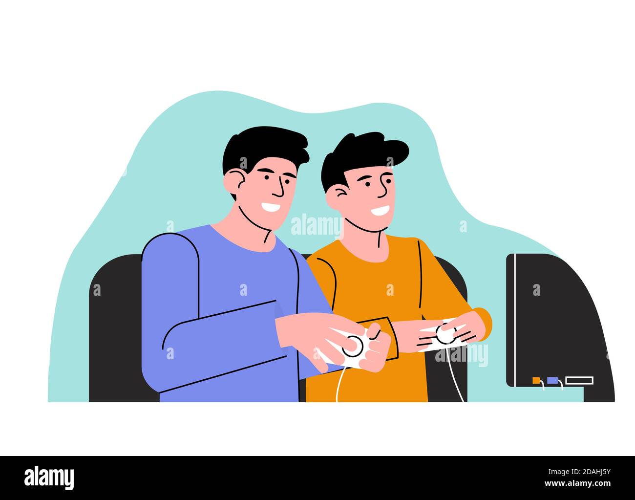 Two friends are sitting in front of the monitor and playing a game ...