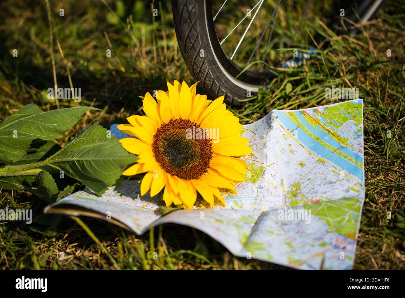 Bicycle tour, map is in front of front wheel, bike ride Stock Photo - Alamy