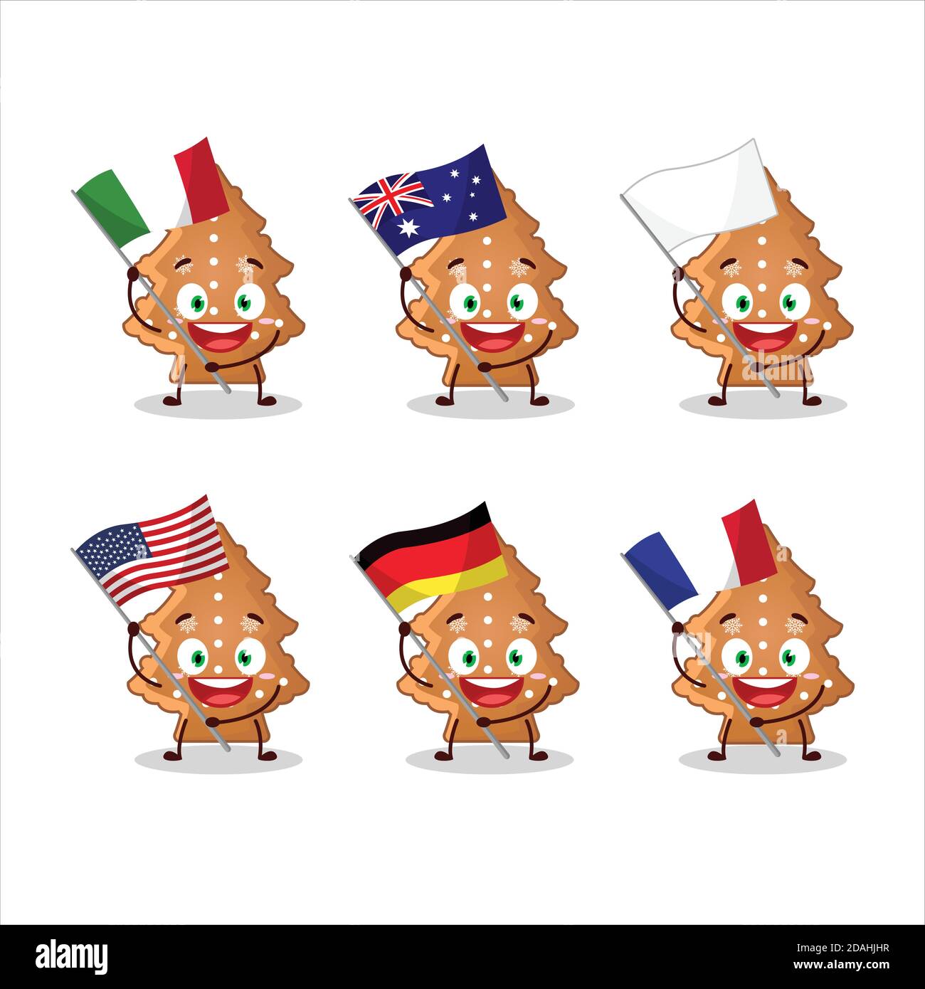 Cookies tree cartoon character bring the flags of various countries ...