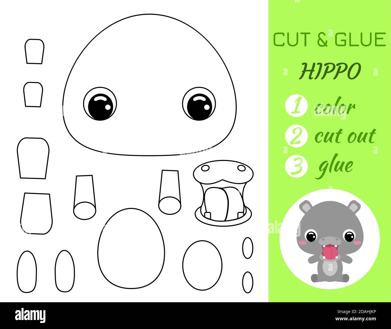 Simple educational game coloring page cut and glue sitting baby hippo ...