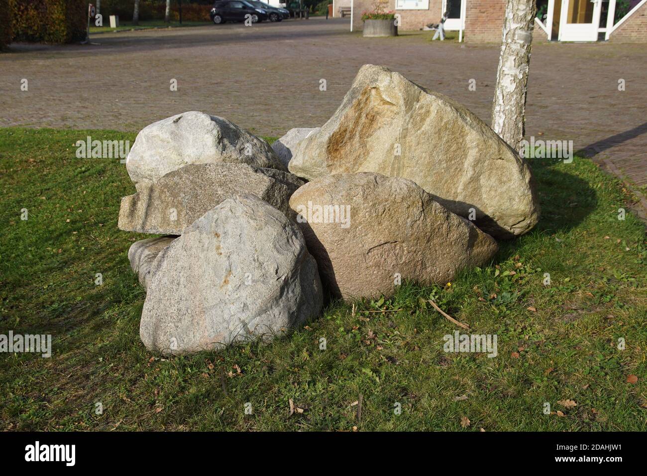Large boulders piled up on a lawn near a birch tree in the Dutch ...