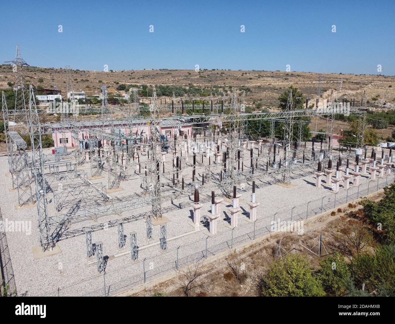 Transformer electrical power plant aerial view Stock Photo - Alamy