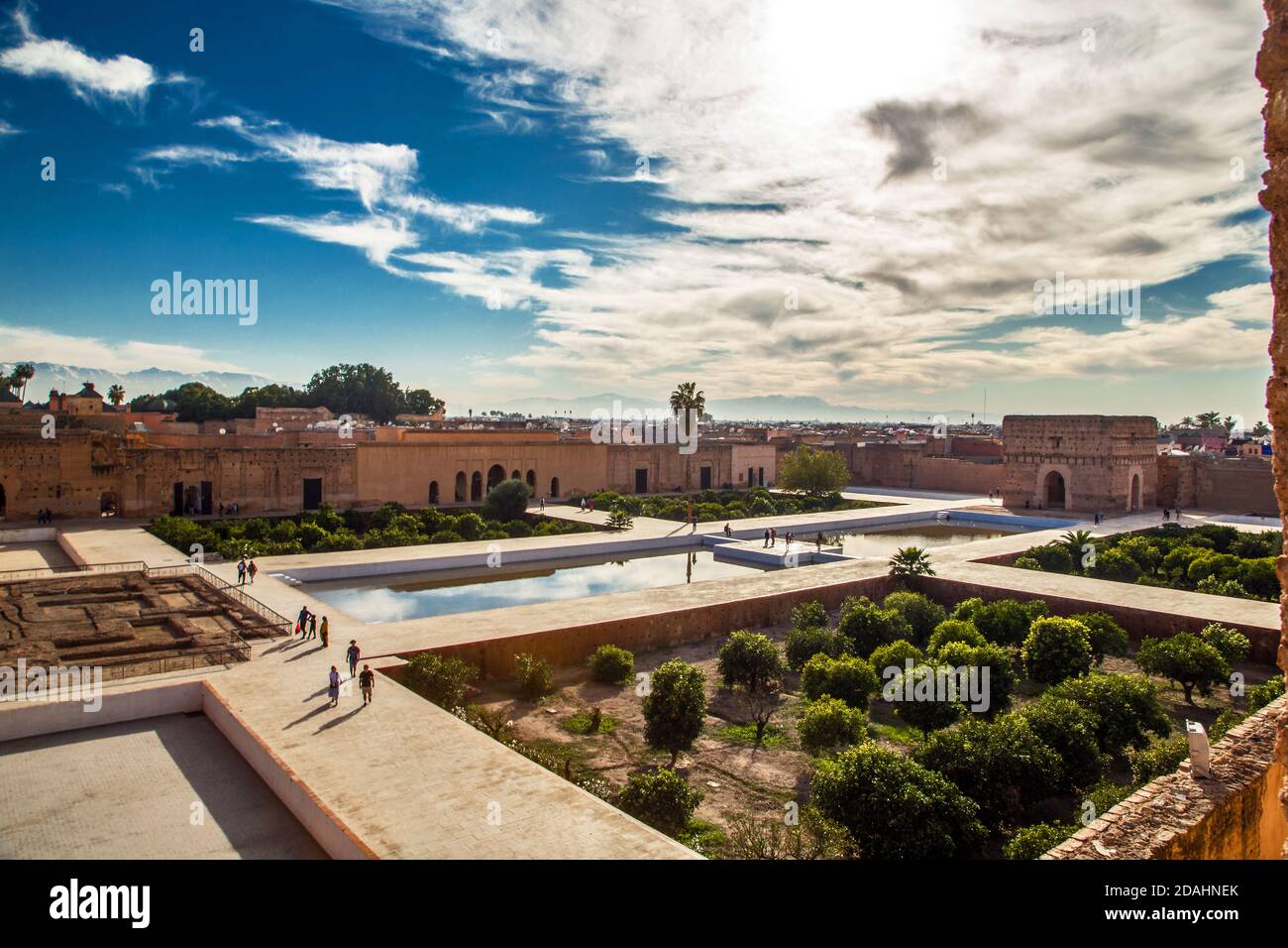 Scenic view of El Badi Palace and palm in the Medina of Marrakech ...