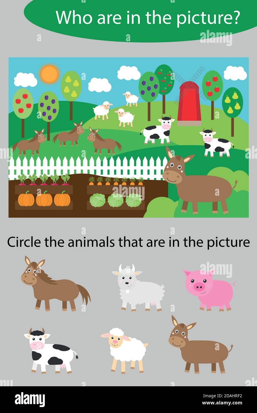 Circle the animals, game for children farm with garden cartoon style ...