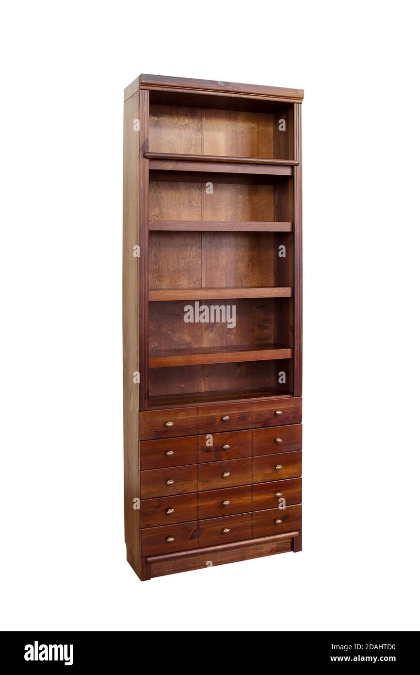 Vertical shot of an empty bookcase isolated on a white background Stock ...