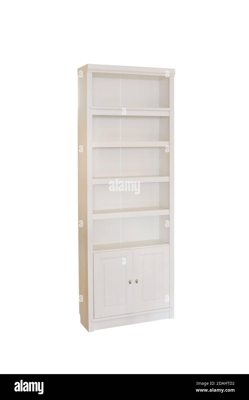 Vertical shot of an empty white bookcase isolated on a white background ...