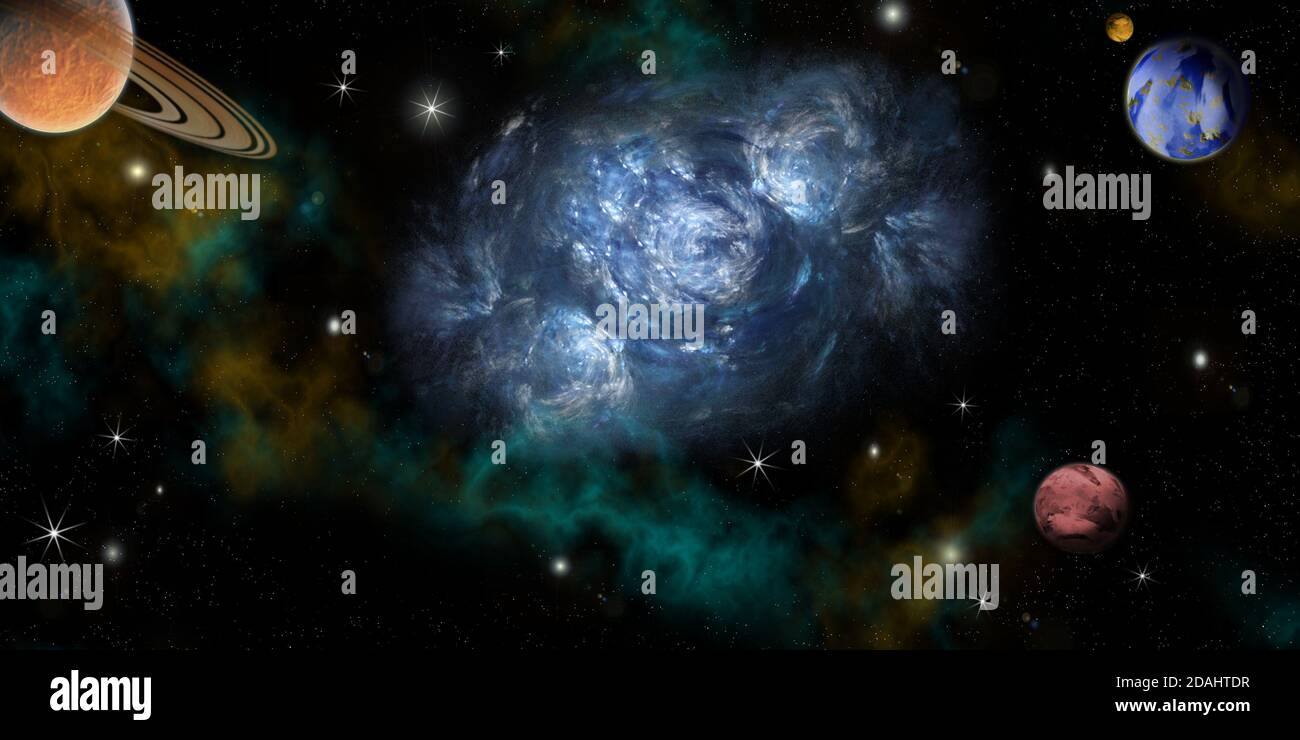 the planet land and nebula in outer spaces Stock Photo - Alamy