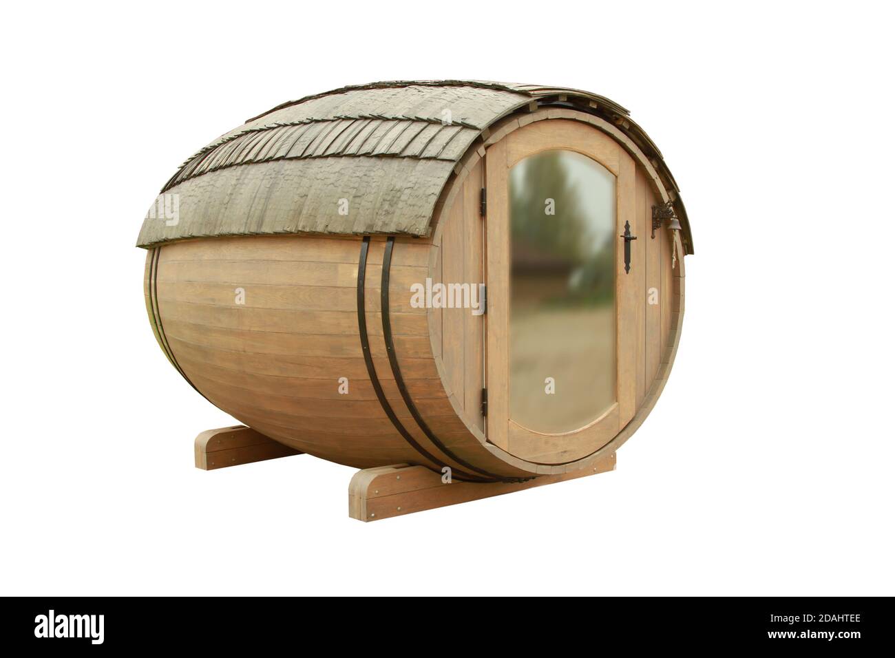Wooden house in the shape of a barrel isolated on a white background ...