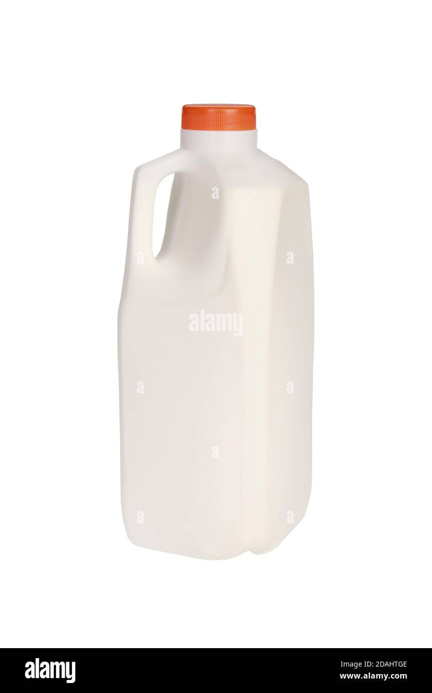 Vertical shot of a plastic milk container isolated on white background ...