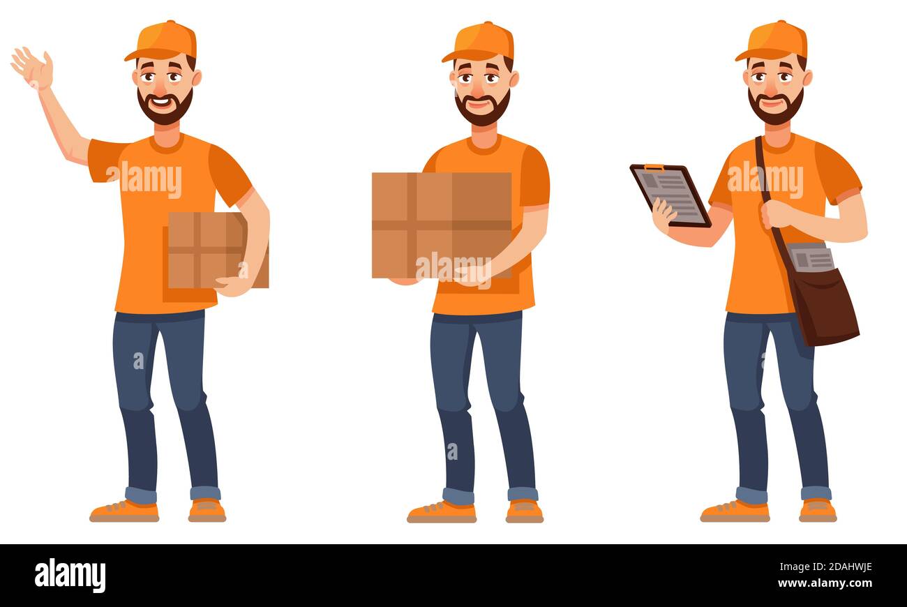 Courier in different poses. Male person in cartoon style Stock Vector ...