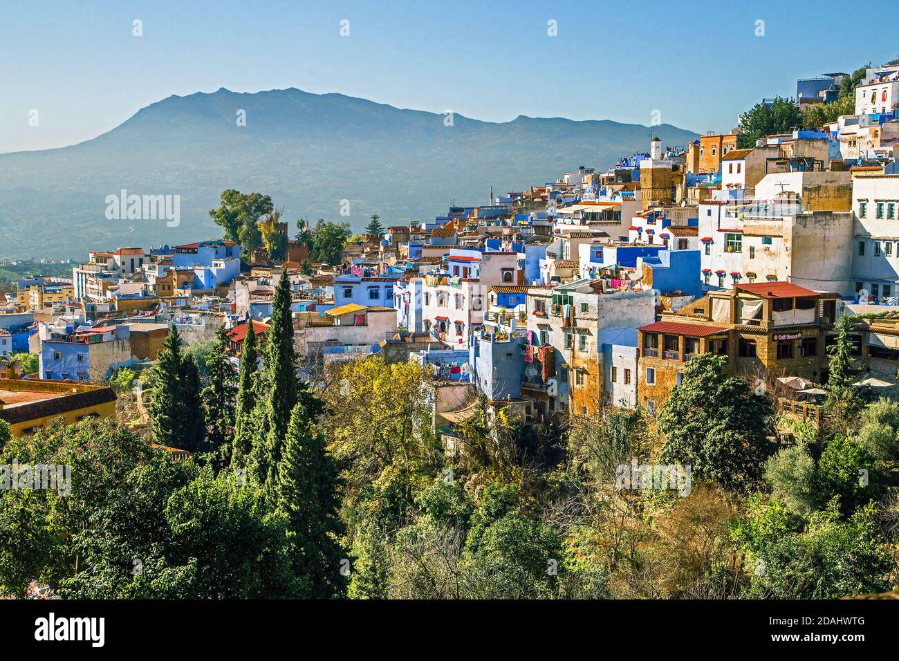 Panoramic wide angle view of iconic blue city, Kasbah and medina ...