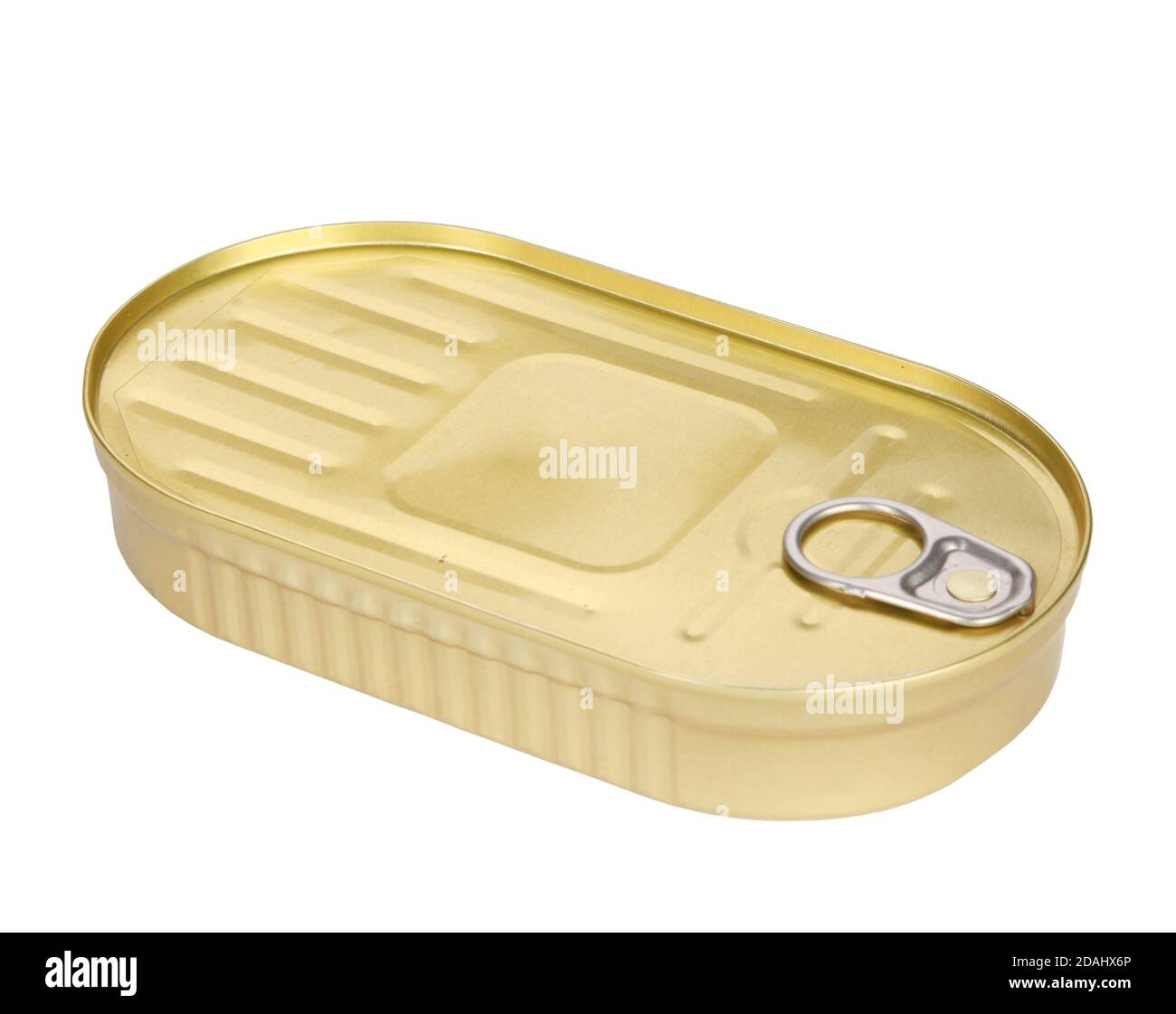 Yellow metal herring fish tin isolated on a white background Stock ...